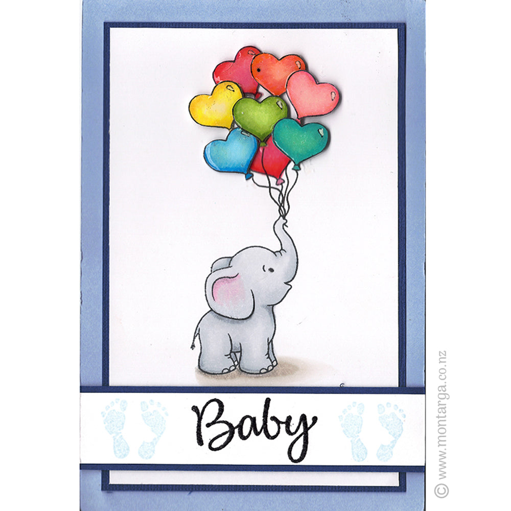 Card Sample - Elephant with Balloons | Montarga – Rubber Stamps by Montarga
