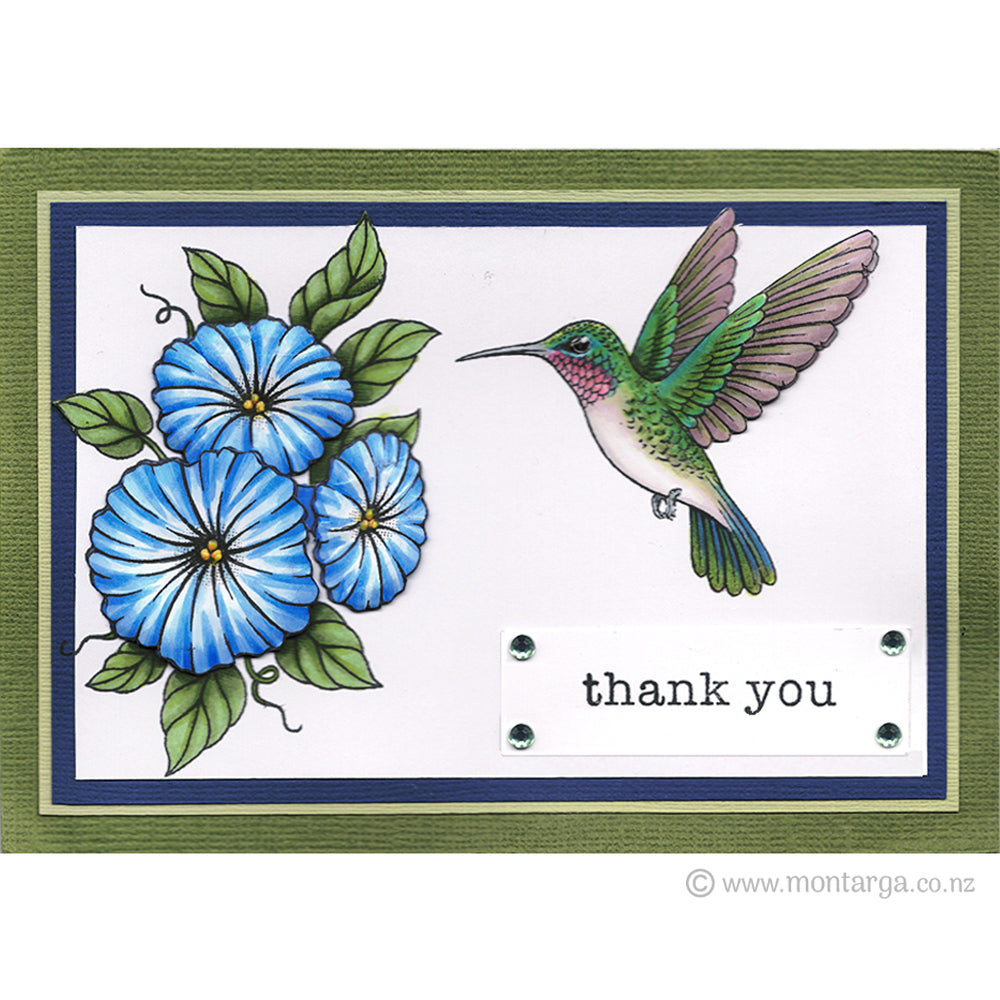 Card Sample - Hummingbird with Blue Flowers | Montarga – Rubber Stamps ...